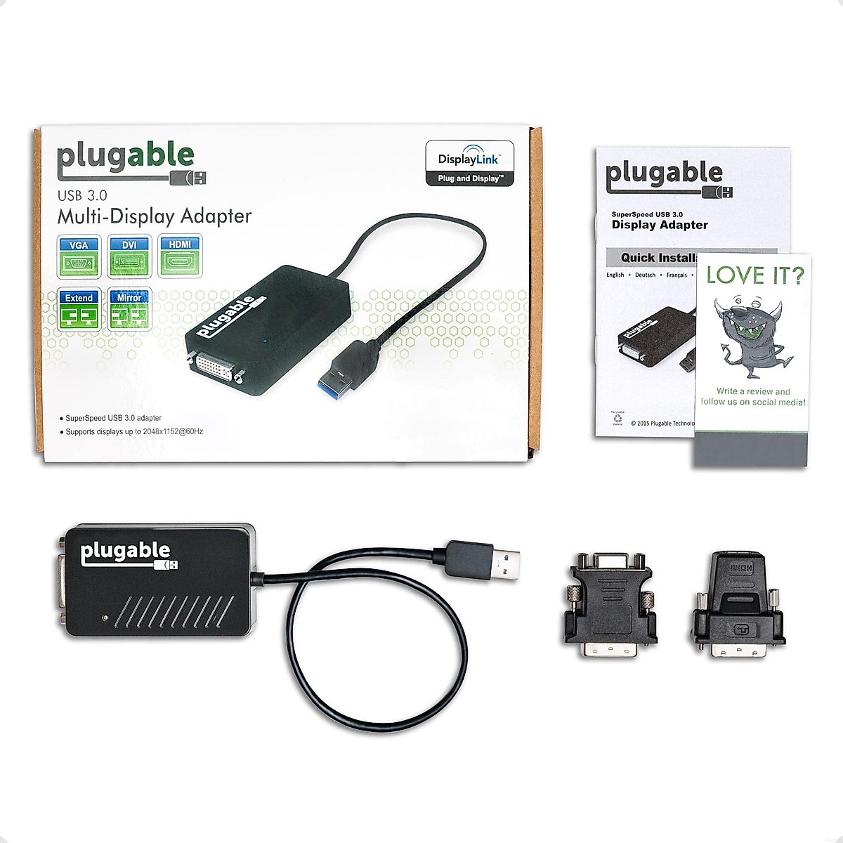 Plugable USB 3.0 to DVI/VGA/HDMI Video Graphics Adapter for Multiple Monitors up to 2048x1152 Supports Windows 11, 10, 8.1, 7, XP, and Mac 10.14+
