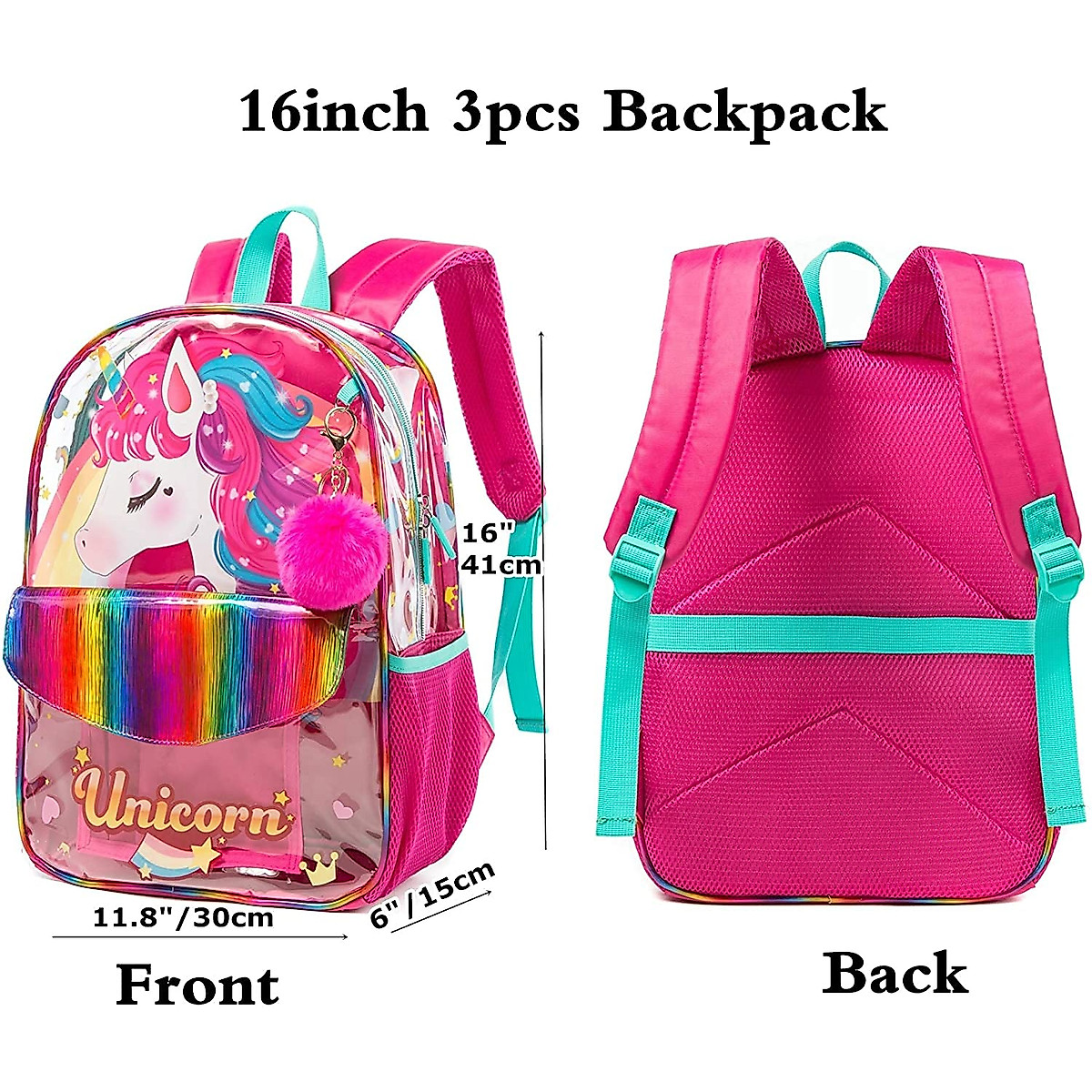 School Kids Unicorn Clear Backpack for Girls Heavy Duty PVC Transparent Backpacks See Through 16" Preschool Bag with Crossbody Bag Toddlers Kindergarten Travel Bag Red