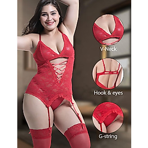 Anyou Lingerie for Womens Lingerie Lace Teddy Plus Size Lingeire Bodysuit Chemise Nightwear with Stockings Size Large Red