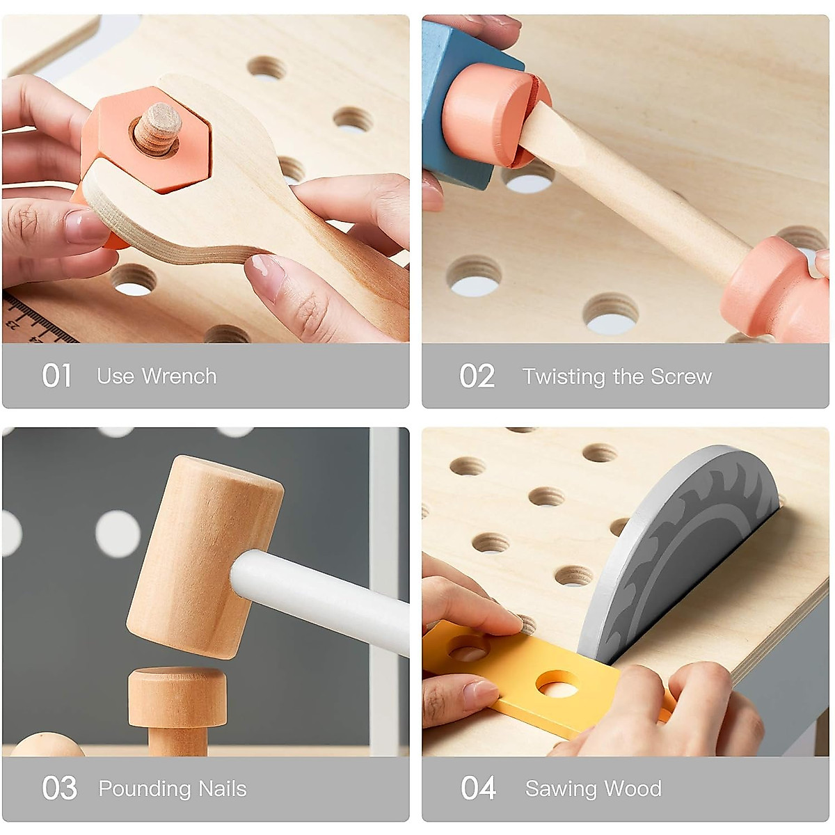 ROBUD Tool Bench Set for Toddlers Wooden Workbench Toy Workshop Construction Tools Bench Creative Pretend Play Toys Education Gift for Kid Boys Girls