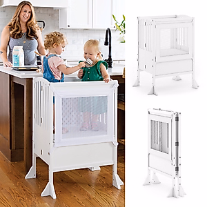 Guidecraft Contemporary Double Kitchen Helper® Stool - White: Extra-Wide Foldable Safety Tower for Two Toddlers; Adjustable Height, Wooden Counter Step Stool | Little Kids Learning Furniture