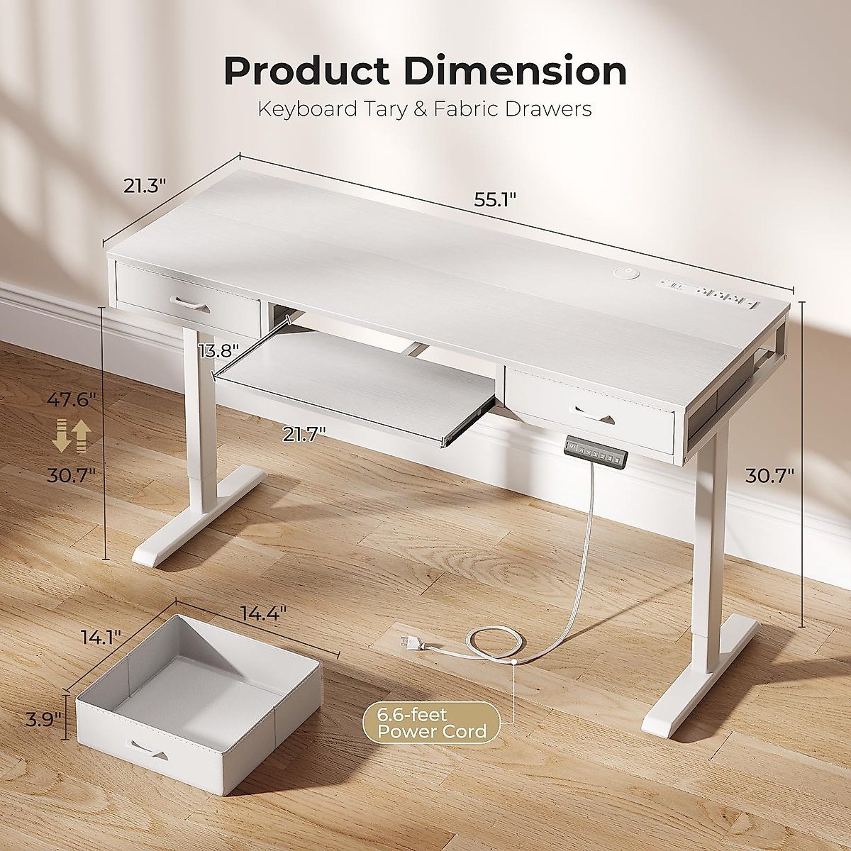 AODK Electric Standing Desk with Drawers & Keyboard Tray, 55 Inch Height Adjustable Desk with Power Outlets, Sit Stand Table, Writing Computer Desk for Home, Office, Workstation, White