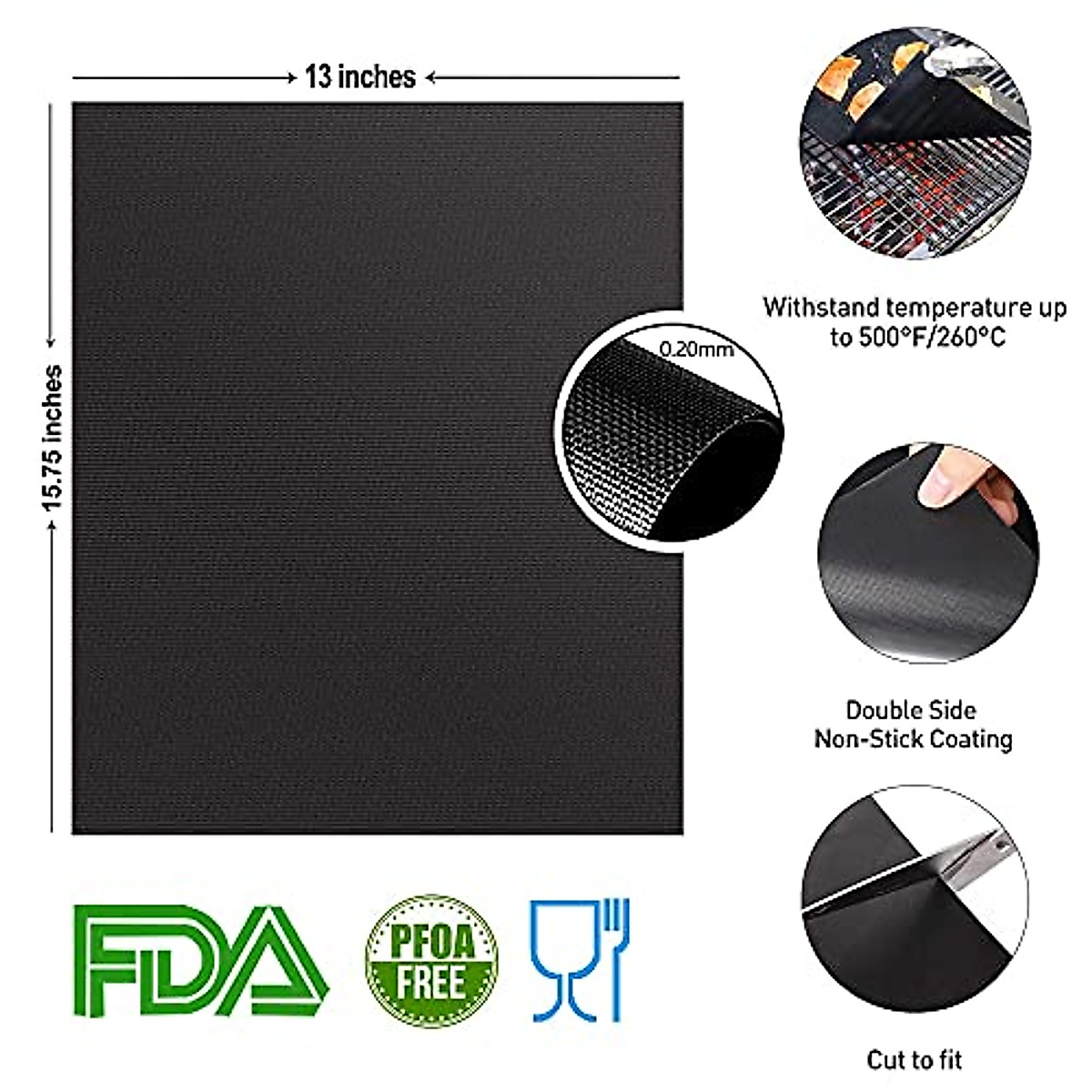 Grill Mat 6 Pcs, 100% Non-Stick HEADMALL BBQ Mats, Easy to Clean, For Barbecue Grilling & Baking, Electric Grill Gas Charcoal BBQ - 15.75 x 13 inch