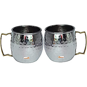 PARIJAT HANDICRAFT Set of 4 Stainless Steel Moscow Mule Mugs(Brass-Handle)
