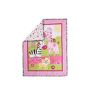 4 PCs Pink Animal Safari Nursery Crib Bedding Set 1 Quilt 1 Fitted Sheet 1 Skirt 1 Diaper Storage Bag