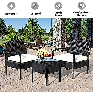 HAPPYGRILL 3pcs Patio Conversation Set Outdoor Wicker Furniture Set Rattan Table & Chairs Set with Seat Cushions, Modern Bistro Set with Coffee Table for Garden Balcony Backyard