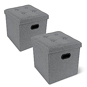 Babion 15 Inches Storage Ottoman Cube, Footrest Stool with Metal Hole Handles& Lid, Folding Storage Ottoman, Box Chest with Foam Padded Seat, Cube Ottoman with Storage, Linen Square(Dark Grey,2pcs)