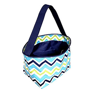 Zig Zag Chevron Material Easter Basket Bucket for Toys Egg Hunting Party (Blue Chevron with Embroidered Name)