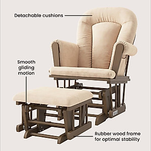 Child Craft Tranquil Glider Rocker and Ottoman Set, Extra Thick Padded Cushion with Convenient Storage Pockets, Solid Wood Base & Frame (Cocoa Bean Brown Frame with Tan Microfiber Foam Cushion)