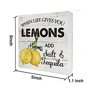 When Life Gives You Lemons Wooden Box Sign Desk Decor Rustic Lemon Wood Block Plaque Box Sign for Home Living Room Office Shelf Table Decoration (5 X 5 Inch)