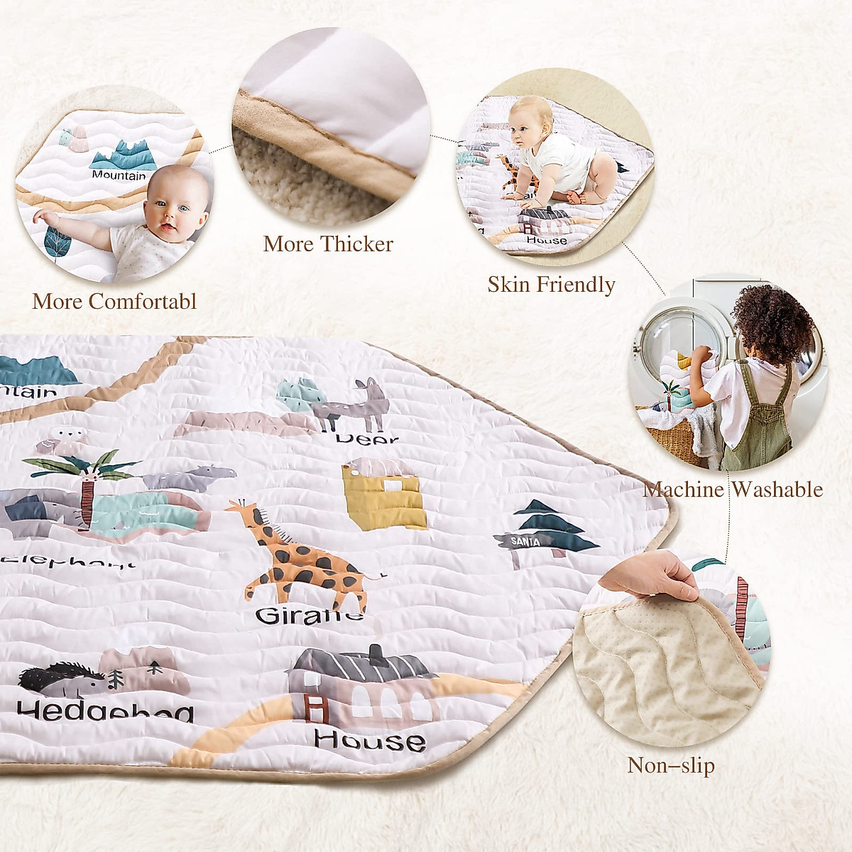 let's make Hexagon Playpen Mat Soft Area Rug | Baby Playmat Fits Regalo Portable Play Yard 48 Inch and hiccapop 53" PlayPod Playpen | Non-Slip Kids Rug with Cute Woodland Animals for Nursery Room