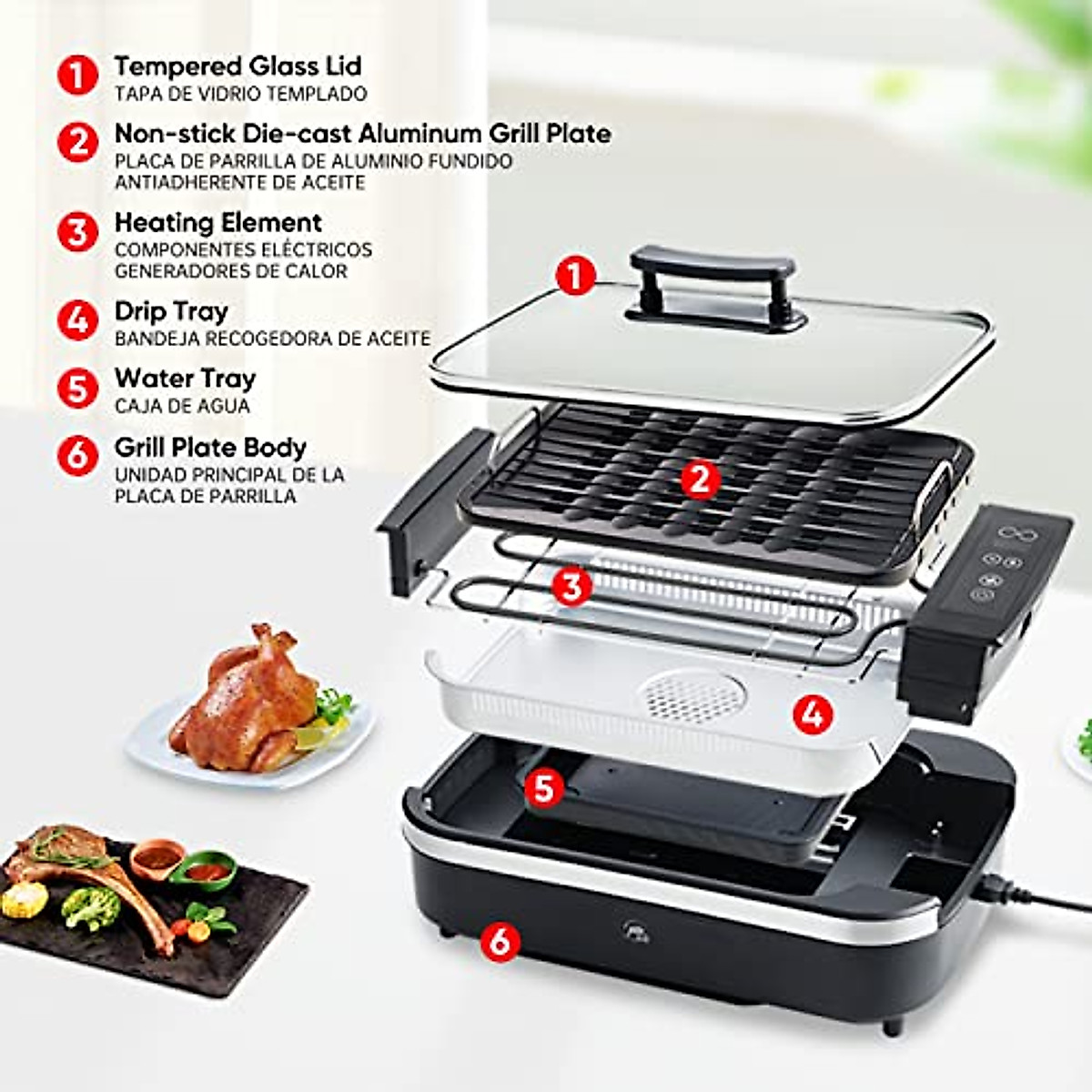 X&E Smokeless Indoor Grill, 6 heating tubes, 1500W indoor grill,Smoke Extractor Technology,Tempered Glass Lid, 15*9 Nonstick Removable Surface, Touch Screen, Dishwasher-Safe, Black Portable BBQ Electric Grill.