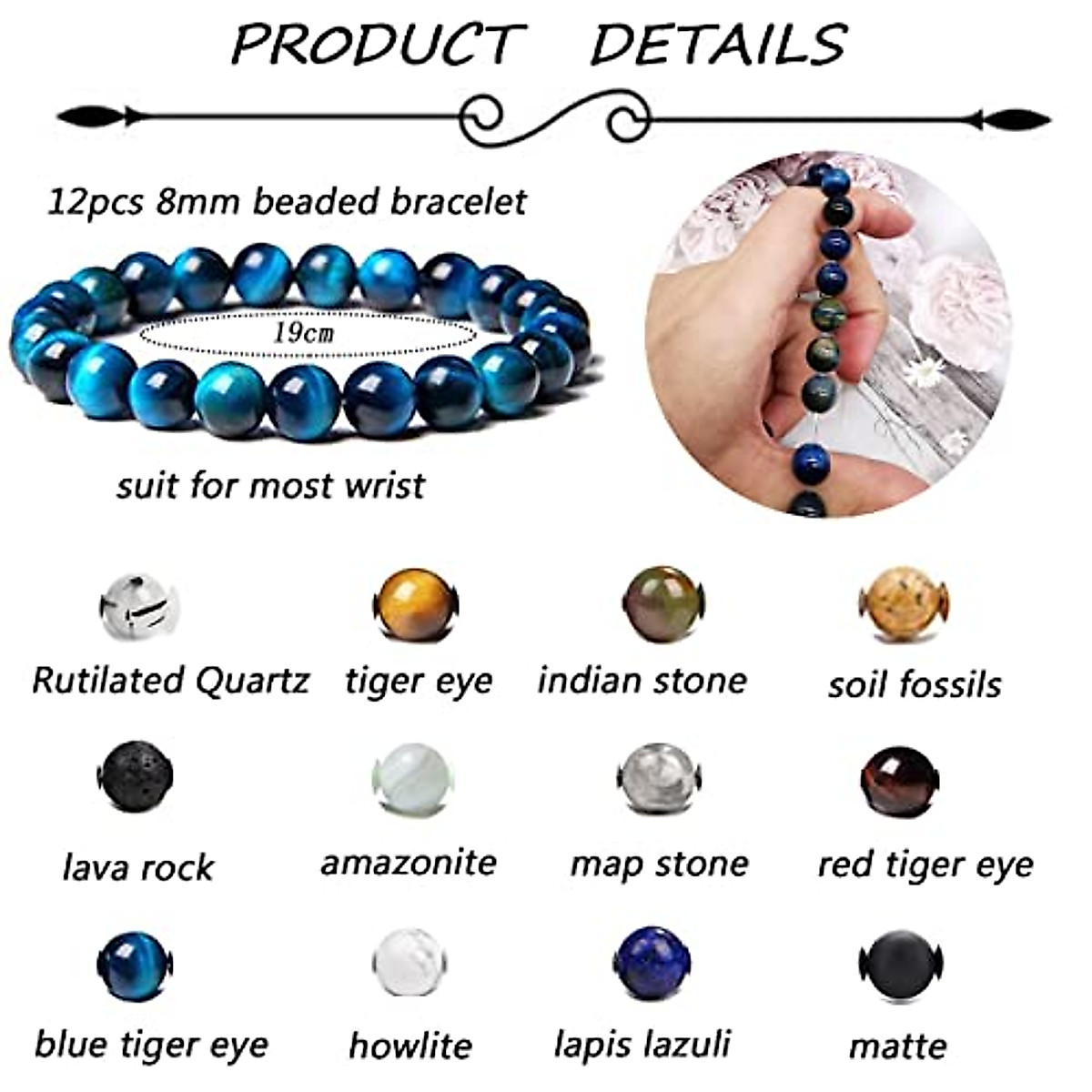FINZOR 12 Pcs 8mm Gemstones Beaded Bracelets for Men Women Semi-Precious Stone Healing Stretch Round Bead Crystal Bracelets Unisex