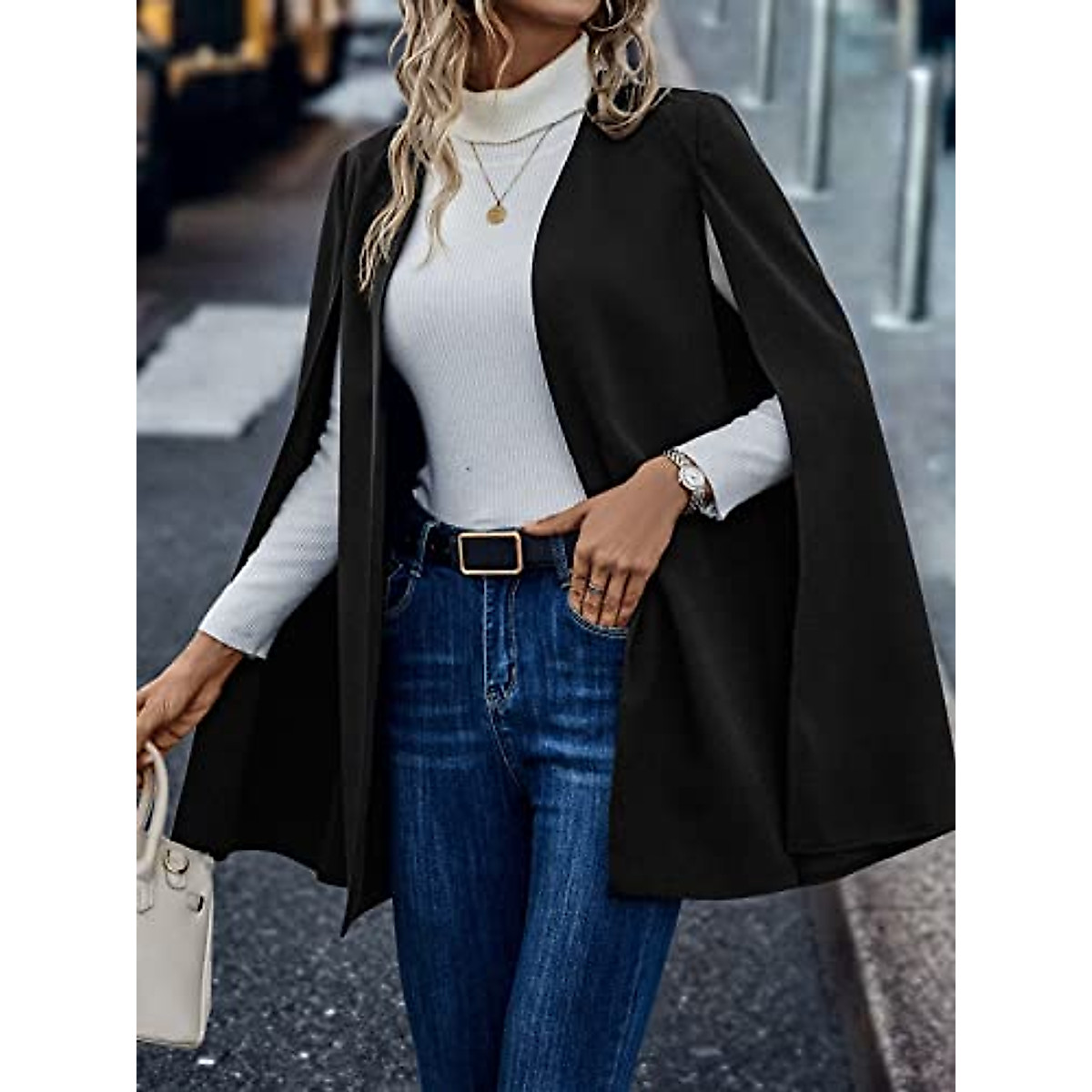 WDIRARA Women's Cape Blazer Cloak Split Sleeve Open Front Jacket Work Business Casual Blazer Solid Cape Coats Black M
