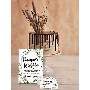 Diaper Raffle Baby Shower Game Set(1 Standing Sign + 50 Guessing Cards), Greenery Diaper Raffle Tickets for Baby Shower, Gold Foil Baby Shower Party Favor Decor - A12