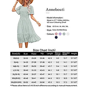 Annebouti Womens Summer Dress 2023 Flutter Short Sleeve Casual Modest Cute Swing Flowy Chiffon Swiss Dot Smocked Midi Dress Solid Light Green L