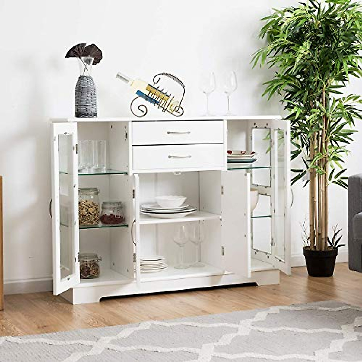 Giantex Sideboard Buffet Server Storage Cabinet W/ 2 Drawers, 3 Cabinets and Glass Doors for Kitchen Dining Room Furniture Cupboard Console Table (White)