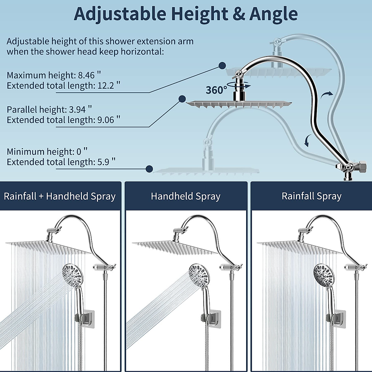 Hibbent All Metal Shower Head, 10'' High Pressure Rainfall Shower Head/Handheld Showerhead Combo with 12'' Adjustable Curved Shower Extension Arm, 7-Spray, 71'' Shower Hose, Showerhead Holder, Chrome