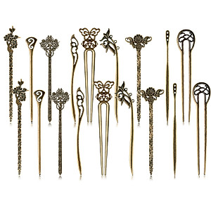 TUPARKA 18 PCS Hair Sticks Vintage Hair Pins Chinese Women Hair Chopsticks Pins Retro Vintage Decorative for Hair Accessory（9 Design） (bronze)