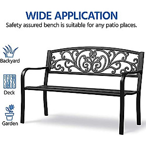 Patio Park Garden Bench, 50" Outdoor Bench Metal Bench with Powder Coated Iron Metal Frame & Floral Ivy Design Backrest, 400lbs Sturdy Steel Frame Furniture for Yard Porch Entryway Lawn Decor Deck