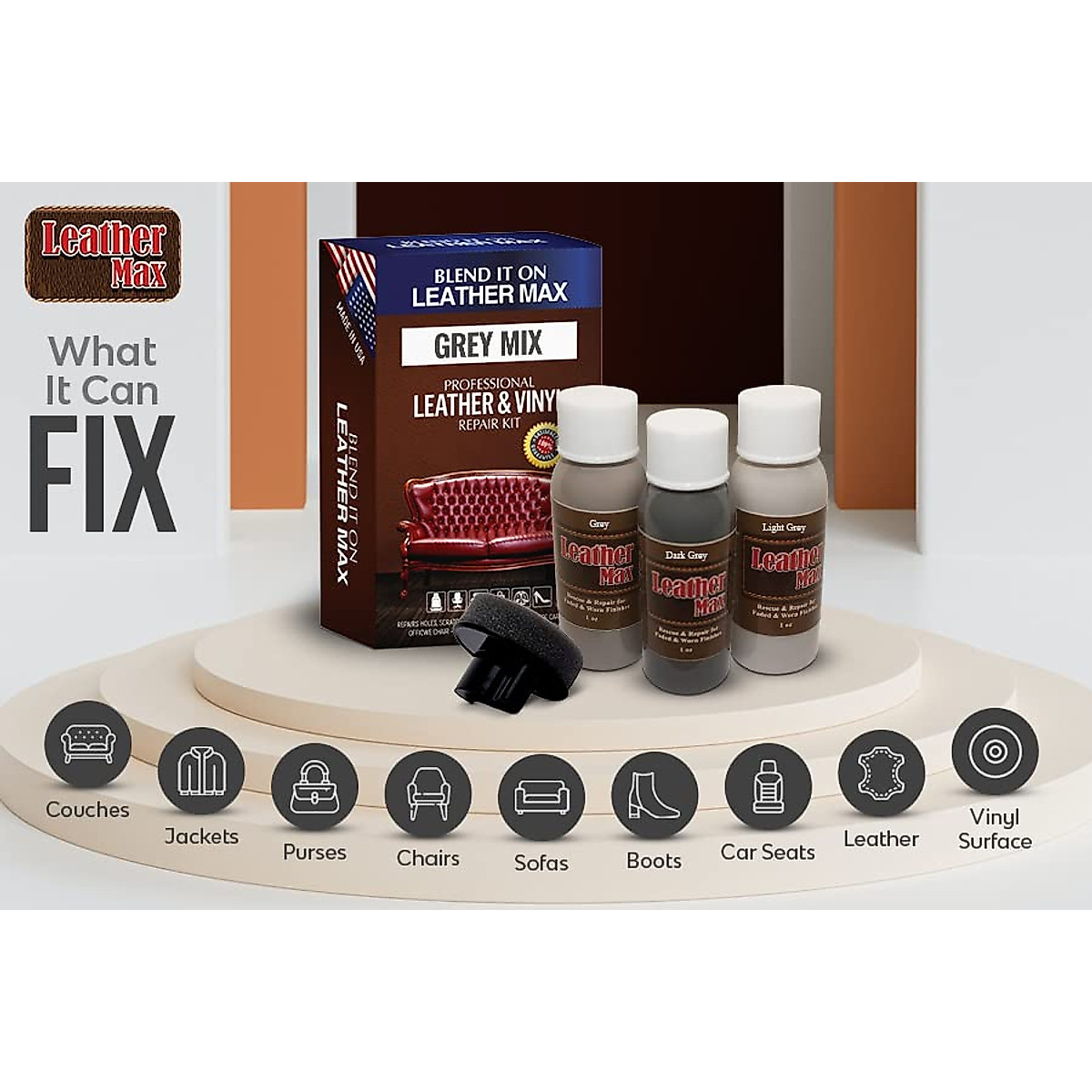 Leather Max Grey Mix Vinyl and Leather Repair Kit - Restorer of Your Furniture, Jacket, Sofa, Boat or Car Seat, Easy Instructions to Match Any Grey Color, Restore Any Material, Bonded, Italian