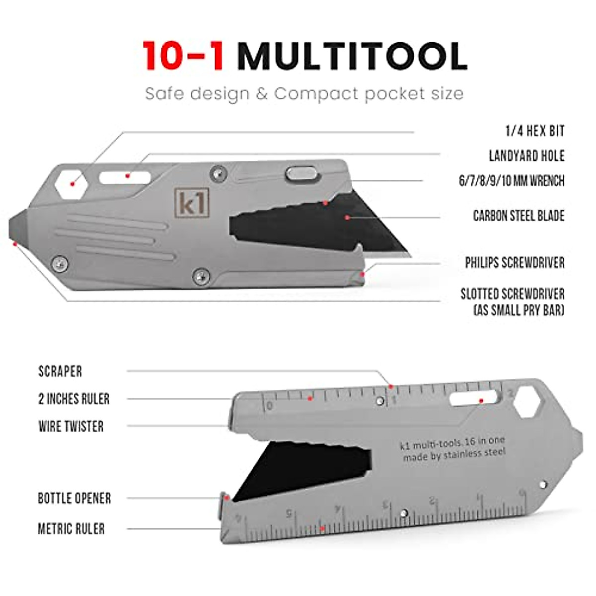 ITOKEY Multitool knife, EDC Keychain Knife with Bottle Opener, Pocket Box Cutter Utility Knife, Wrench, Pry Bar Tool, Ruler, Screwdriver, Extra 10 Razor Blades and Small Hex Bit, Multi Tool for Men