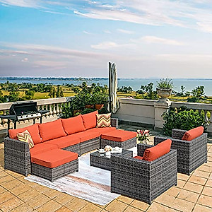 XIZZI Patio Furniture Set, No Assembly 9 PCS Big Size Outdoor Sectional Sofa All Weather PE Rattan Wicker Outdoor Furniture with 2 Pillows,Grey Wicker Orange Red