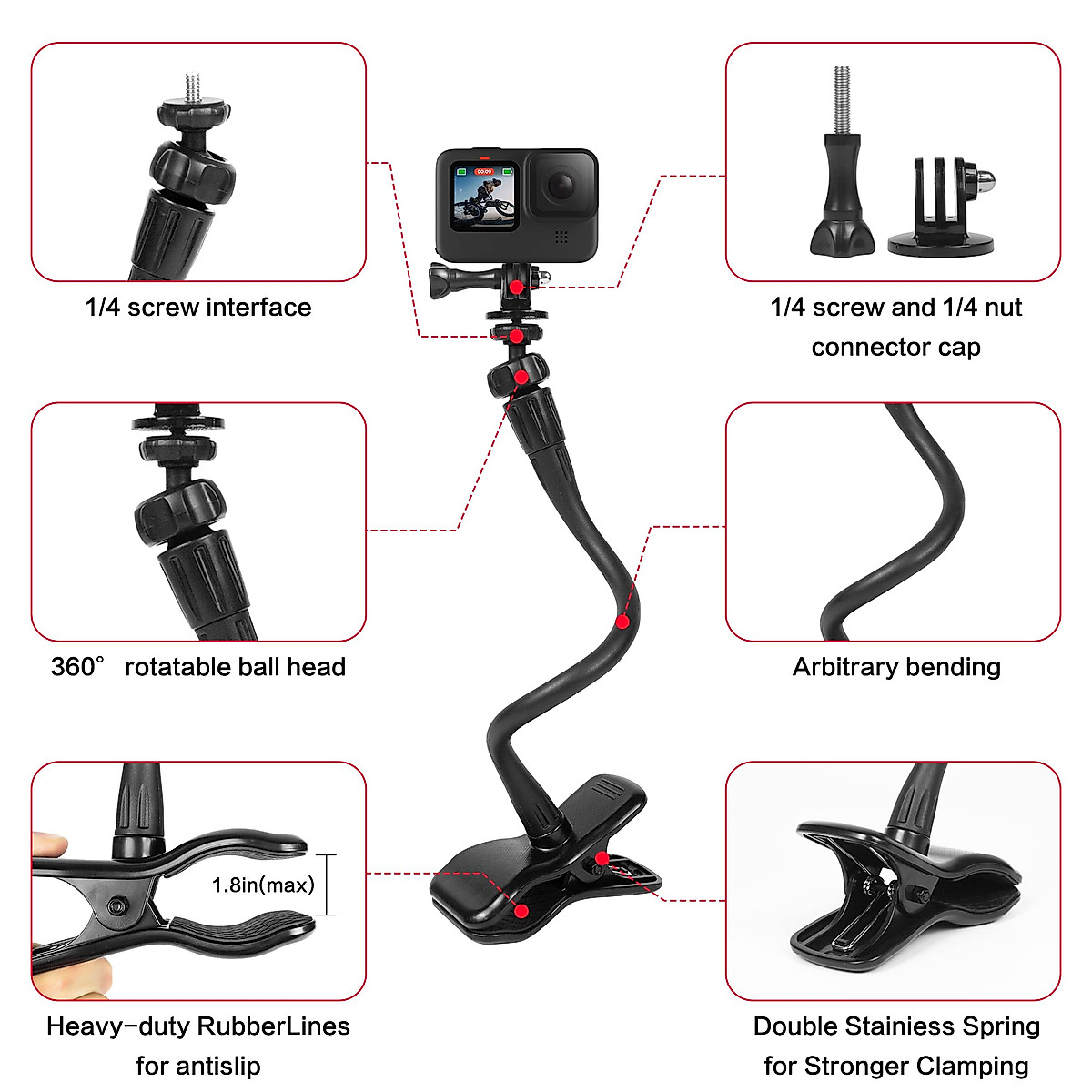 Flexible Jaws Clamp Mount for GoPro Webcam Stand Holder Desk Table Clip with 1/4” Screw Thread 360° Ball Head Compatible with Logitech Webcam/DJI Action Cameras