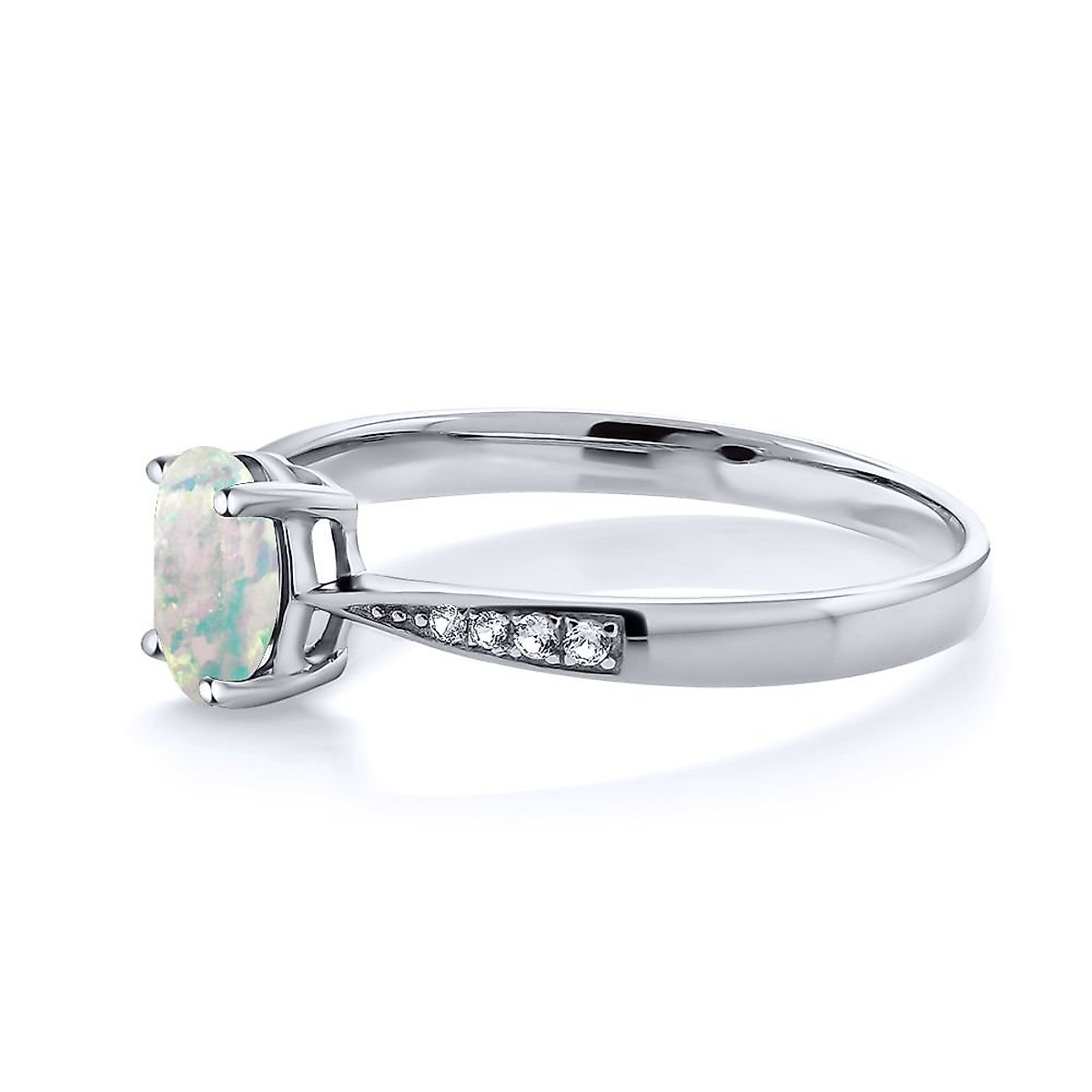 Gem Stone King 10K White Gold White Opal and White Diamond Engagement Ring For Women (0.69 Cttw, Gemstone October Birthstone, Oval Cabochon 7X5MM, Available In Size 5, 6, 7, 8, 9)