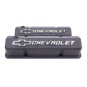 ProForm Valve Cover, Slant-Edge, Tall, Baffled, Breather Hole, Raised Chevrolet Bowtie Logo, Aluminum, Black Crinkle, Small Block Chevy, Pair