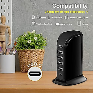 Charger Block 6 in 1 Upoy, 40W USB C Charger 3A, Charging Hub with 5 USB Ports(Shared 6A) for Multiple Electronics, USB Charging Station Multiports, Universal Desktop Phone Charger Travel Ready, Black