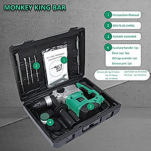 Monkey King Bar -1-1/4 inch SDS PLUS Rotary Hammer Drills 12Amp 1500w 120v 60Hz Impact Hammer Drills for Concrete-Safety Clutch 3 Functions Includes Tile Removal Tool 11 Pcs Accessories Set