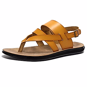 Harssidanzar Quick-Dry Flip-Flop Sandals For Men's,Summer Comfy Outdoor Adjustable Ankle Strap Flat Slip On Sandals Flip Flops Shoes KM218,TAN,Size 10