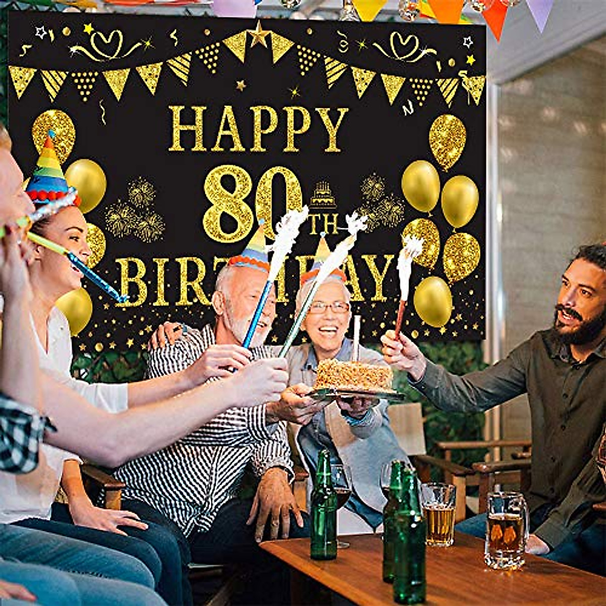 Trgowaul 80th Birthday Backdrop Gold and Black 5.9 X 3.6 Fts Happy Birthday Party Decorations Banner for Women Men Photography Supplies Background Happy Birthday Decoration
