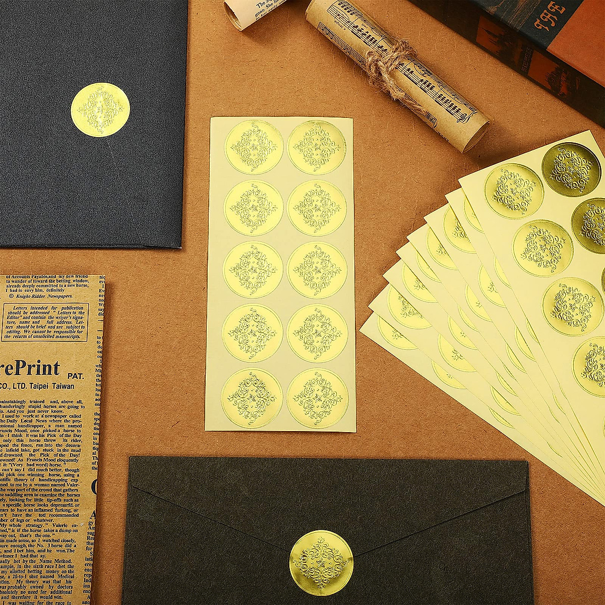 100 Pieces Embossed Gold Foil Certificate Seals Envelope Gold Foil Seals Embossed Stickers for Wedding Invitations Certificates Envelopes Students, Flower Pattern