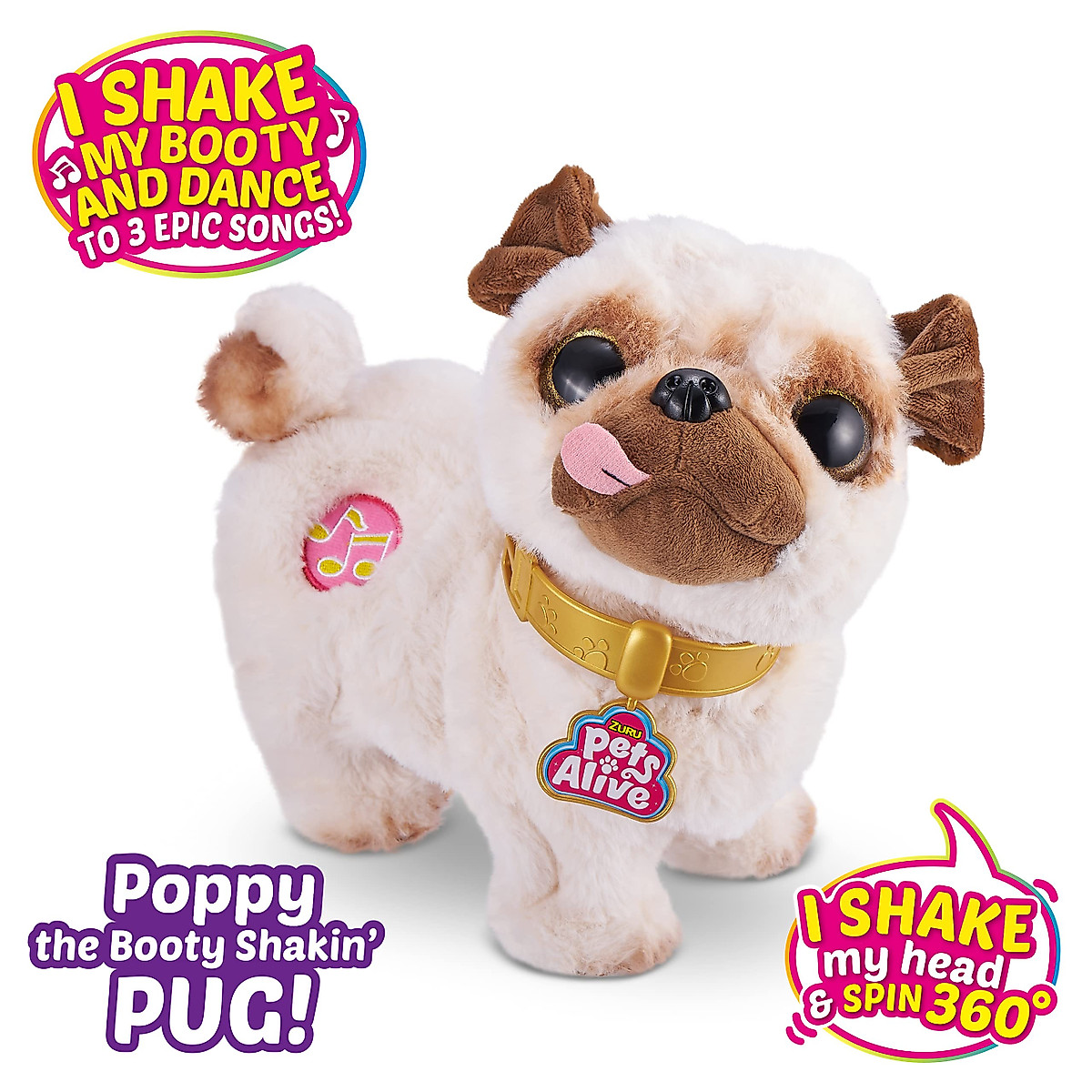 Pets Alive Poppy The Booty Shakin’ Pug – Interactive Dancing Plush Puppy by ZURU Robotic Realistic Soft Dog Stuffed Animal Toy for Kids, Girls