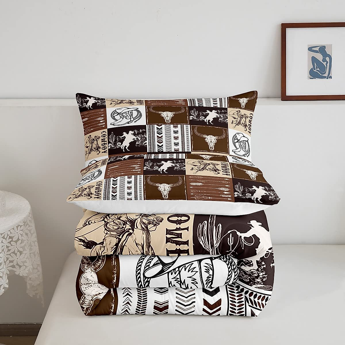 Manfei Western Cowboy Comforter Set Queen Size, Bull Skull Horse Arrow Print Quilt Set with 2 Pillowcases, Geometric Grid Brown Plaid Print Bedding Set 3pcs for Kids Boys Teens Bedroom Decor