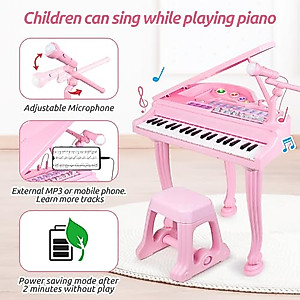 Kids Piano Keyboard Toys 37 Keys,Grand Piano for Beginners,3 4 5 6 Years Old Toddler Girl Boy Gift,Educational Musical Instrument,w/Microphone,Stool,Piano Lid,Lights,Note Stickers,Enamel Finish- Pink
