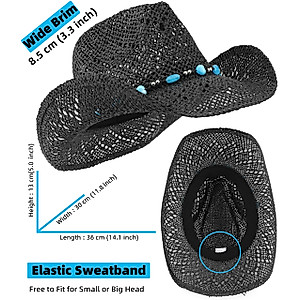 BESOOGII Straw Beach Cowboy Hat for Women Shapeable Brim Western Cowgirl Hat (US, Alpha, One Size, Black)