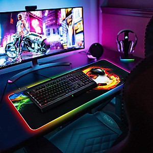 Large RGB Gaming Mouse Pad - Big Gaming Led Mouse Pad Smoothly Waterproof Surface XXL Mouse Pad with Anti-Slip Rubber Base Stitched Edge Mouse Pad for Keyboard,31.5"x12"x0.15"(Flame Soccer)