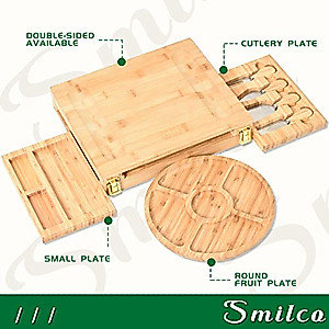Charcuterie Board Set SMILCO Hand-Made Bamboo Extra Large Cheese Board and Knife Set-Inclued 1* Main Charcuterie Board,2*Cheese Board and 1*Fruit Tray.