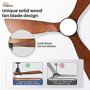 Sofucor 52 inch Solid Wood Ceiling Fan with Lights and Remote, Low Profile Brown Black Ceiling Fan with 3 Downrod, Outdoor Indoor Modern 3 Blade Ceiling Fan for Living Room Bedroom Farmhouse Patio
