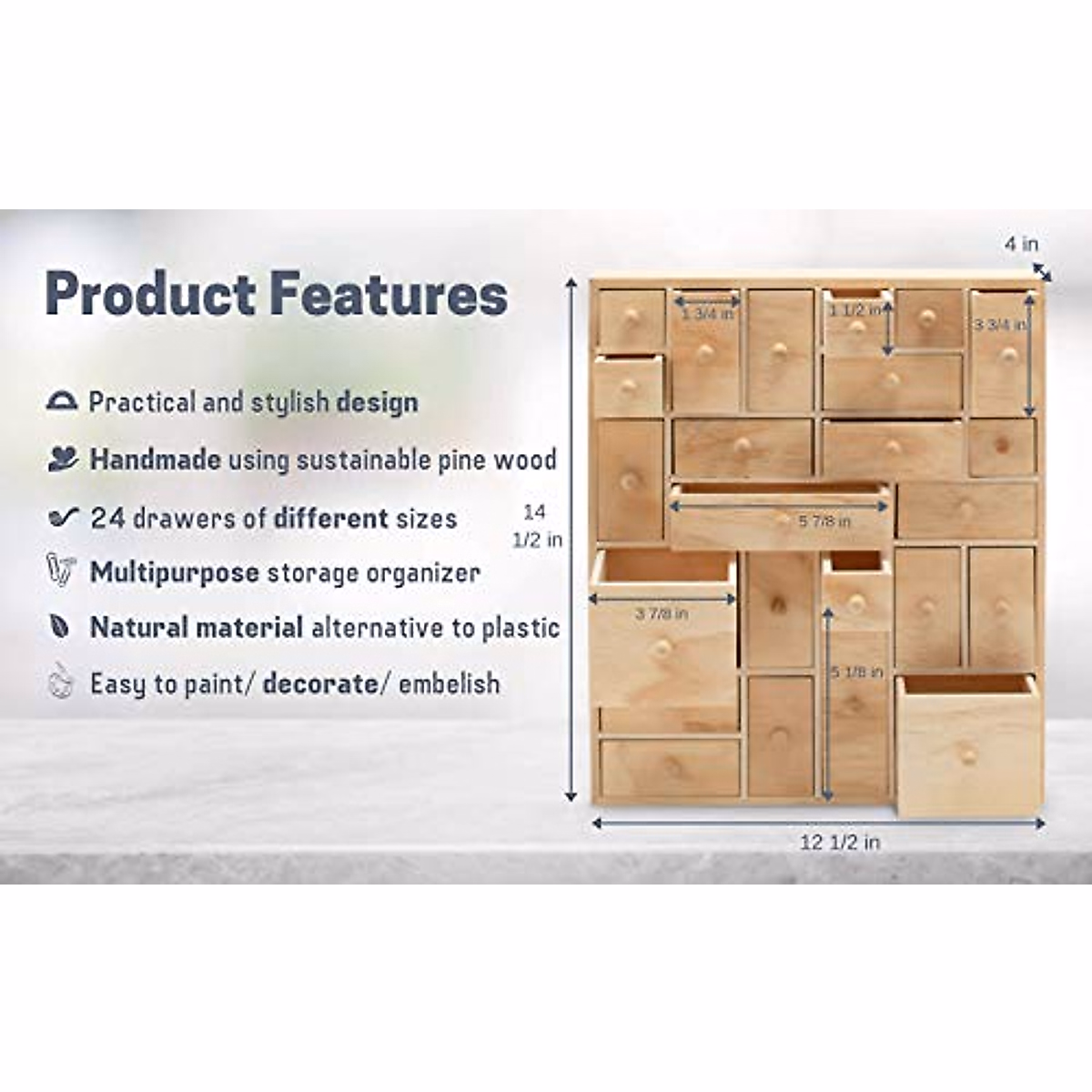 HYGGEHAUS Art Organizer & Storage - 24 Drawer Crafts Organization | Apothecary Cabinet Dresser Chest | DIY Advent Wooden Calendar | Comes Fully Assembled, Solid Pine Wood - L:12.5" x H:14.5" x D:4"
