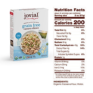 Jovial Grain-Free Cassava Elbows - Gluten Free Elbow Macaroni,Cassava Pasta, Paleo Pasta, Grain-Free, 100% Organic Pasta, USDA Certified Organic, Non-GMO, High-Fiber - 8 Oz, 1 Pack