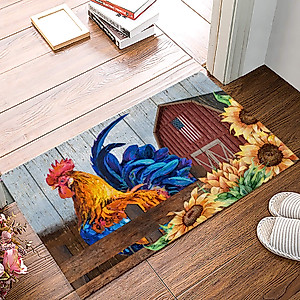 Door Mat for Bedroom Decor, Farm Chicken and Sunflowers in The Red Barn Floor Mats, Holiday Rugs for Living Room, Absorbent Non-Slip Bathroom Rugs Home Decor Kitchen Mat Area Rug 18x30 Inch