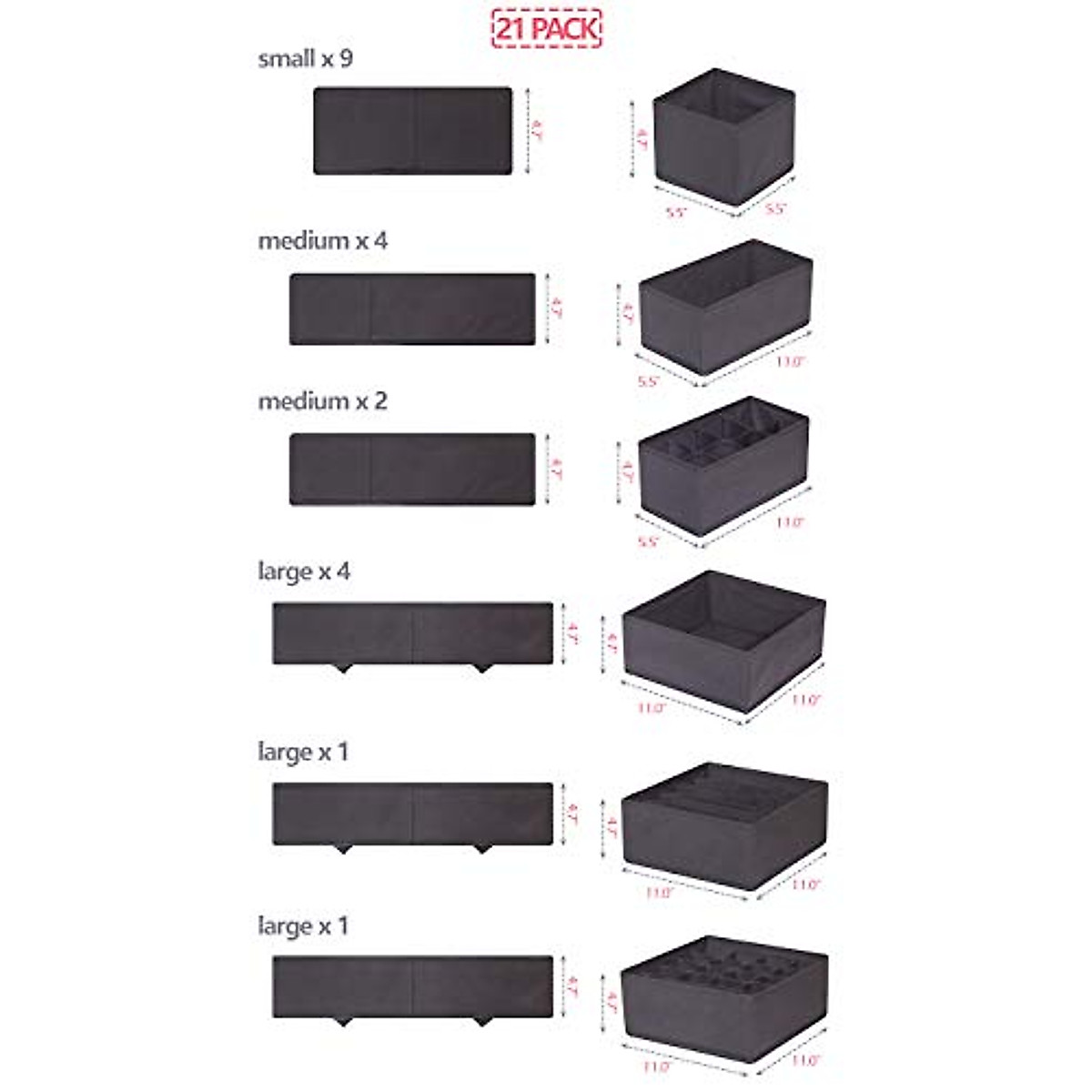 DIOMMELL 21 Pack Foldable Cloth Storage Box Closet Dresser Drawer Organizer Fabric Baskets Bins Containers Divider for Baby Clothes Underwear Bras Socks Lingerie Clothing,Dark Grey 11-4249