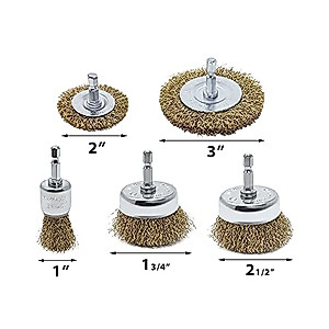 LINE10 Tools 5pk Wire Brush Drill Attachment Set Brass Coated for Cleaning Rust Hex Shank Fits Impact Driver