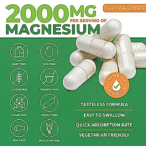 Magnesium L-Threonate Capsules - 2000mg Original Magtein Formula - Patented & Clinically Studied Magnesium Supplement for Focus, Memory, Brain & Sleep Support, Mag Threonate for Women & Men (90 Count)