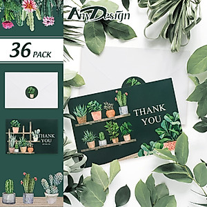 AnyDesign Home Plants Thank You Cards 36 Pack Succulent Cactus Note Cards with Matching Seal Stickers Envelopes Greenery Greeting Blank Cards for Birthday Baby Shower Wedding Bridal Party, 4 x 6