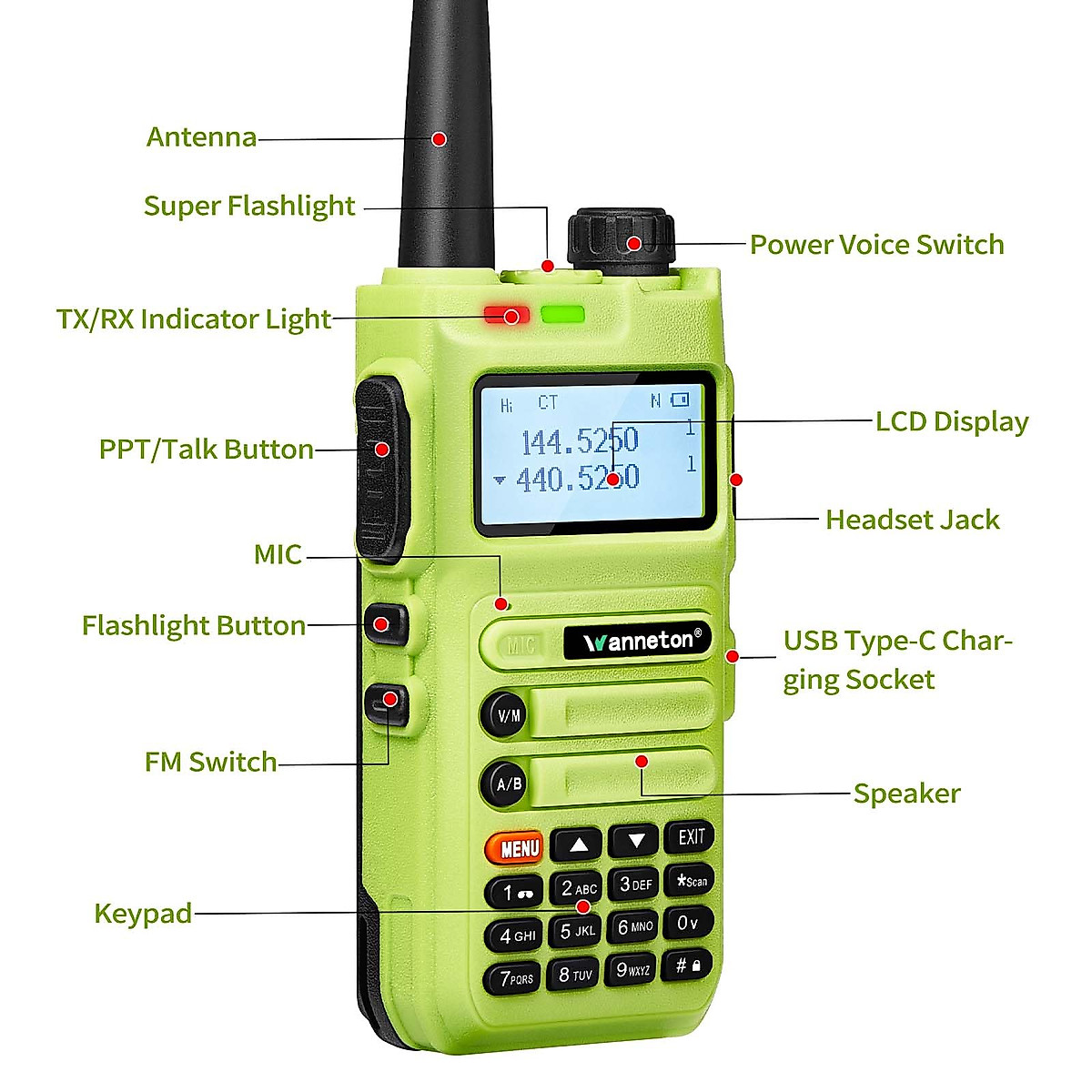 Wanneton UV5F ham Radio Handheld Dual Band Two Way Radio Rechargeable Walkie Talkies with One-Key decoding Copy Frequency and Super Bright Flashlight and Large Battery